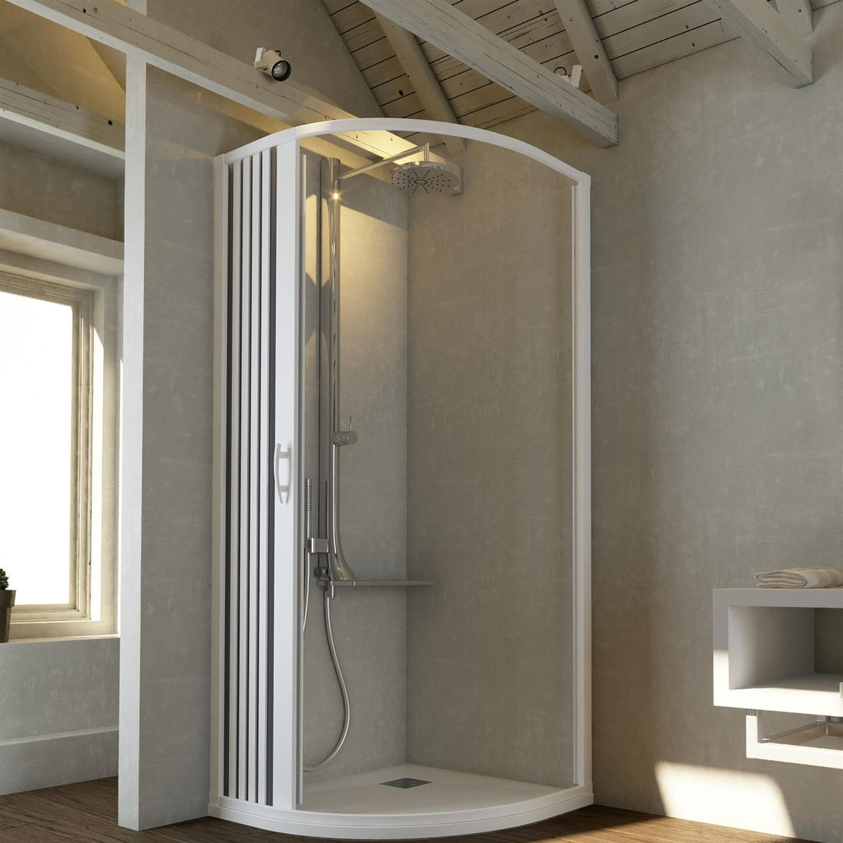 "Flex" circular shower stall with wide lateral opening and adjustable ...